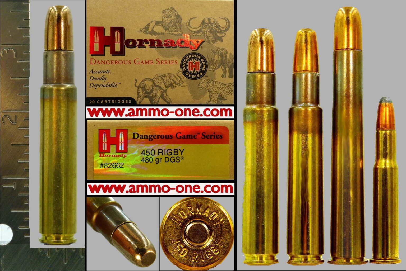 .450 Rigby by Hornady, 480 grain FMJ, One Cartridge not a Box - Ammo-One1