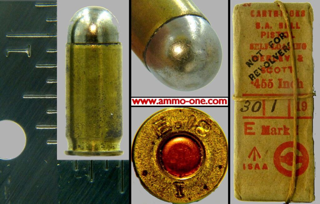 .455 Webley Auto, Mark I by Eley, "1918", One Cartridge not a Box ...