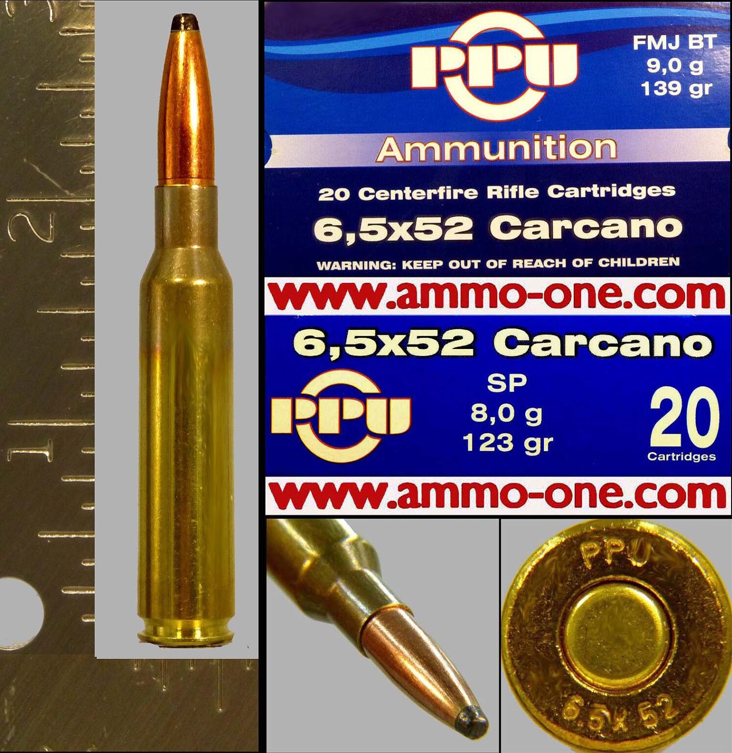 6.5x52mm Carcano, PPU, 123 grain, JSP, One Box of 20 - Ammo-One1