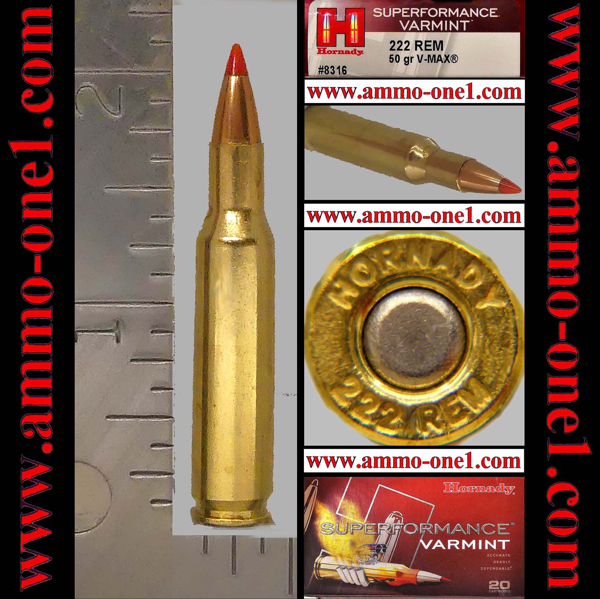 .222 Remington by Hornady, New, Bright "HORNADY" H/S, V-MAX, One ...