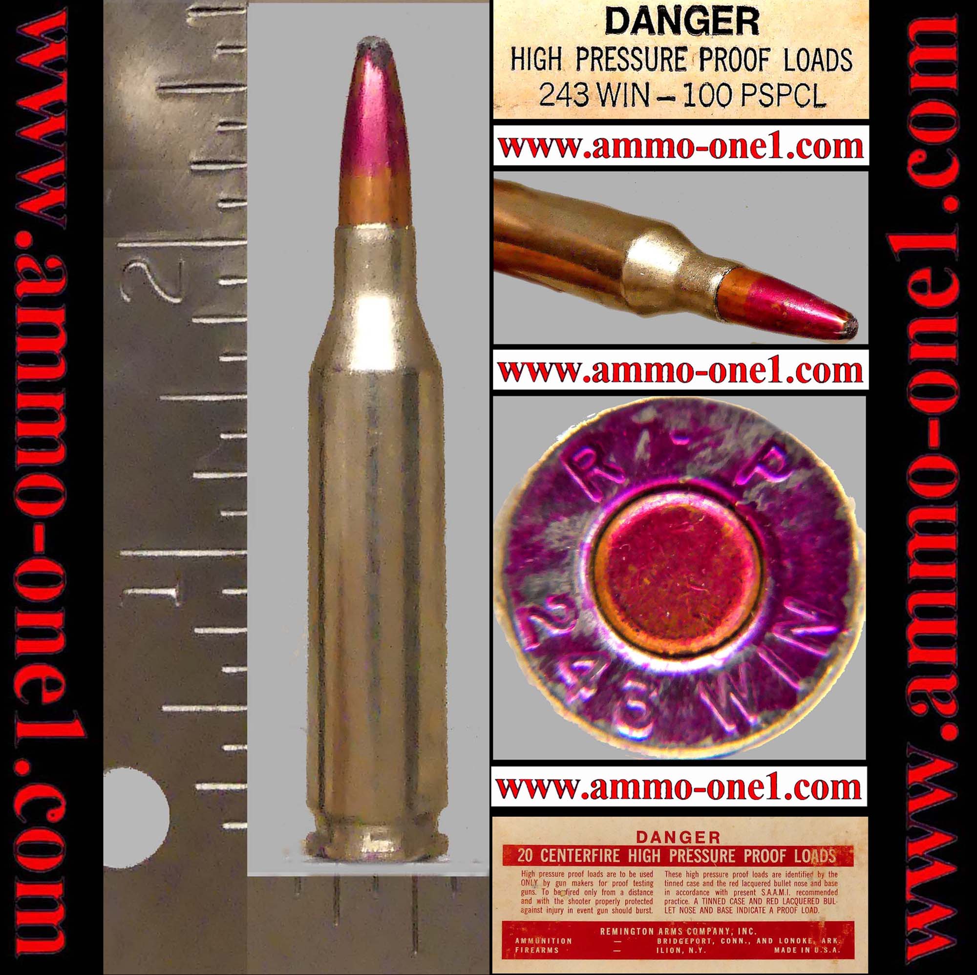 (item .008) .243 Winchester "PROOF" by Remington, (Purple dye Bullet and Head-Stamp)"R - P" H/S ...